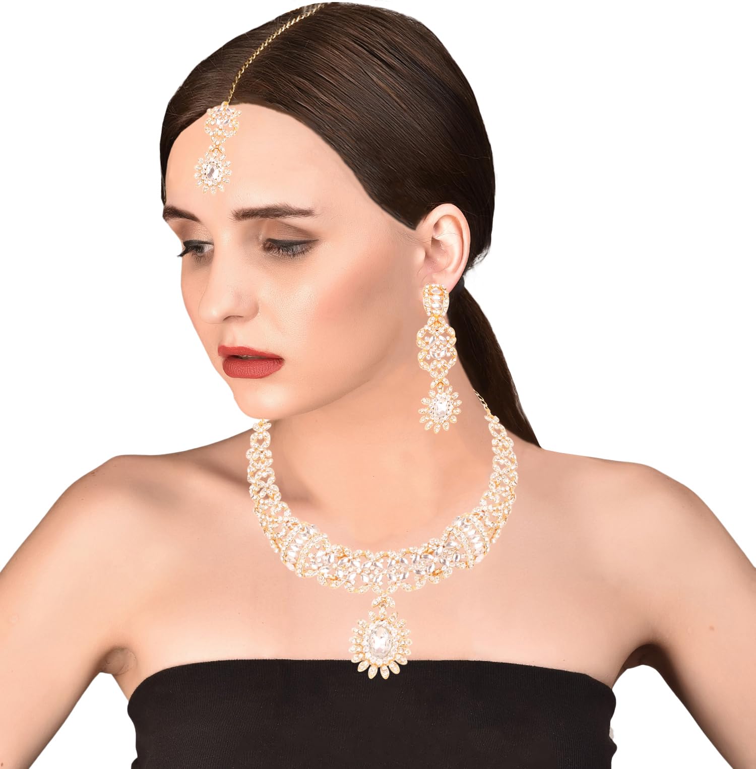 Touchstone Indian Bollywood Bollywood Silver Screen Desire Traditional Illustrious Filigree Sparkling Rhinestones Charming Look Designer Jewelry Hasli Necklace Set In Gold Tone For Women