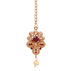 touchstone new indian bollywood traditional floral paisley mughal kundan look faux ruby designer jewelry mangtika head accessory in antique gold tone. for women.