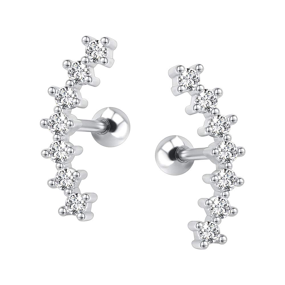 ZS Curve Seven Stud CZ Stud Earrings 316L Stainless Steel Ear Helix Conch Cartilage Piercing (White)