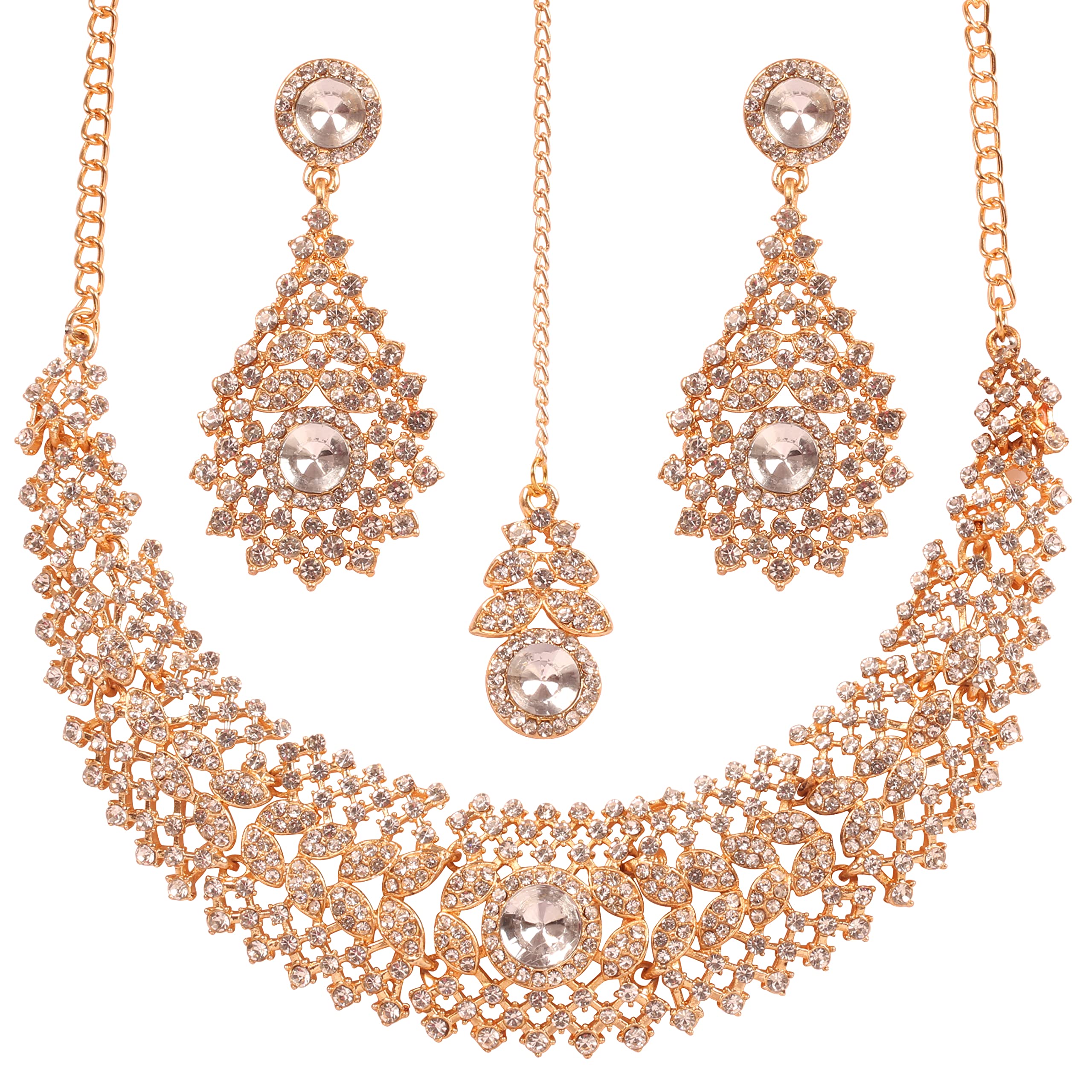 NEW! Touchstone Indian Bollywood Charming Workmanship Handcrafted Scintillating Faux Rhinestones Rivoli Shape Designer Jewelry Grand Bridal Hasli Necklace Set In Gold Tone For women.