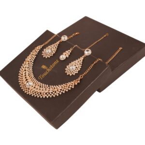 NEW! Touchstone Indian Bollywood Charming Workmanship Handcrafted Scintillating Faux Rhinestones Rivoli Shape Designer Jewelry Grand Bridal Hasli Necklace Set In Gold Tone For women.