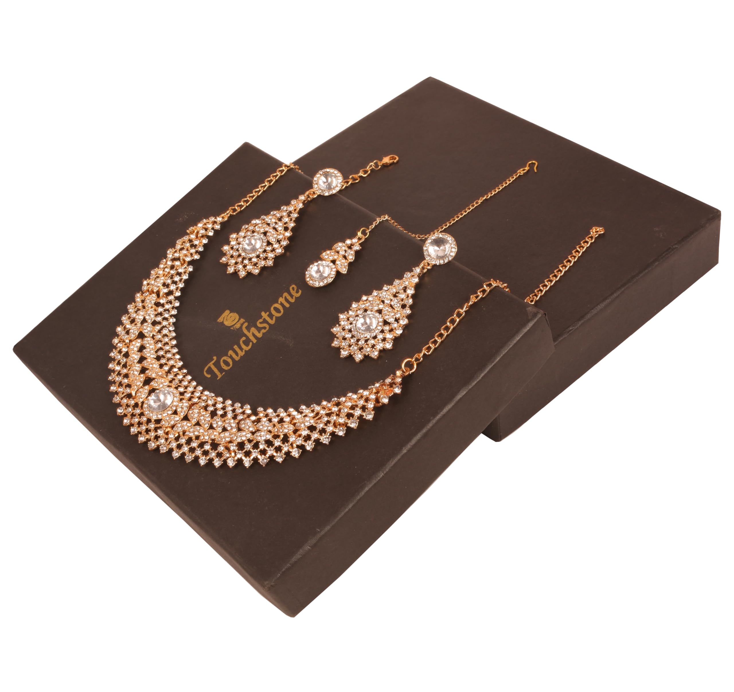 NEW! Touchstone Indian Bollywood Charming Workmanship Handcrafted Scintillating Faux Rhinestones Rivoli Shape Designer Jewelry Grand Bridal Hasli Necklace Set In Gold Tone For women.