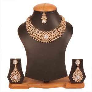 NEW! Touchstone Indian Bollywood Charming Workmanship Handcrafted Scintillating Faux Rhinestones Rivoli Shape Designer Jewelry Grand Bridal Hasli Necklace Set In Gold Tone For women.