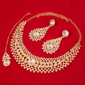 NEW! Touchstone Indian Bollywood Charming Workmanship Handcrafted Scintillating Faux Rhinestones Rivoli Shape Designer Jewelry Grand Bridal Hasli Necklace Set In Gold Tone For women.