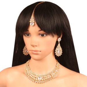 NEW! Touchstone Indian Bollywood Charming Workmanship Handcrafted Scintillating Faux Rhinestones Rivoli Shape Designer Jewelry Grand Bridal Hasli Necklace Set In Gold Tone For women.