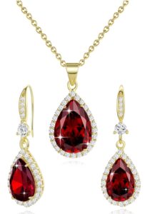 women jewelry set silver/gold plated teardrop pendant necklace dangle drop earrings dangling sets birthstone crystals rhinestone,birthday anniversary wedding mother’s day gifts for women yellow gold plated garnet