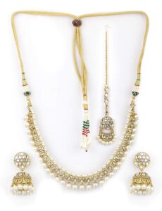 priyaasi kundan indian jewellery set for women with mang tikka | gold-plated | floral-leaf design | pearl drop | indian bridal jewelry set for wedding | jhumka earrings | white & golden