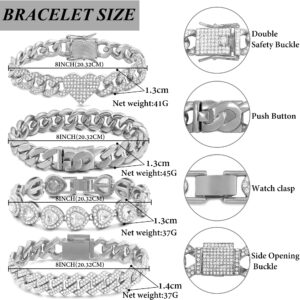 shopbyskyler 4PCS Gold Bracelets for Women Silver Clustered Tennis Bracelet for Women Heart Round Diamond Cuban Bracelet Layered Link Bracelet Set Fashion Jewelry for Women Gift Set (Silver-2, 8inch)