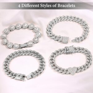 shopbyskyler 4PCS Gold Bracelets for Women Silver Clustered Tennis Bracelet for Women Heart Round Diamond Cuban Bracelet Layered Link Bracelet Set Fashion Jewelry for Women Gift Set (Silver-2, 8inch)