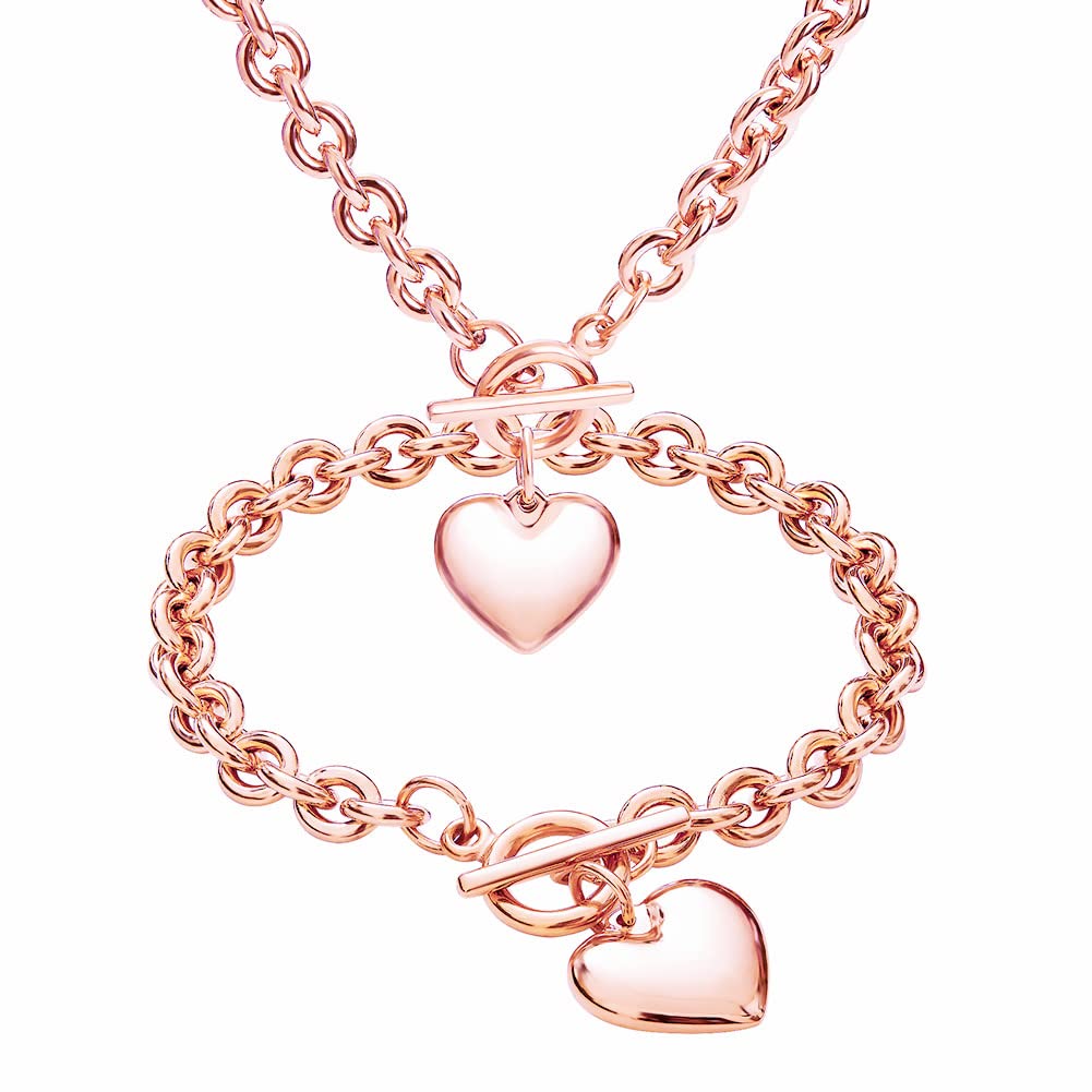 Silver 18k Gold Rose Gold Plated Charm Chunky Stainless Steel Chain Heart Toggle Choker Bracelet Necklace Set for Womens Fashion Valentine Jewelry Set