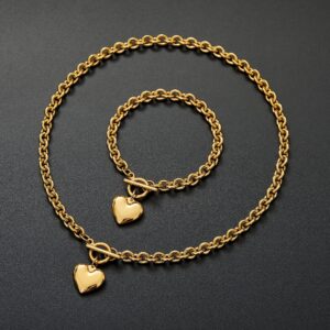 Silver 18k Gold Rose Gold Plated Charm Chunky Stainless Steel Chain Heart Toggle Choker Bracelet Necklace Set for Womens Fashion Valentine Jewelry Set