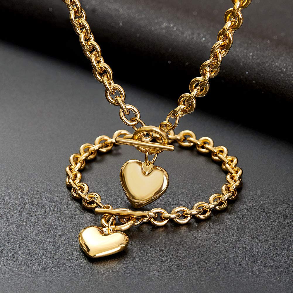 Silver 18k Gold Rose Gold Plated Charm Chunky Stainless Steel Chain Heart Toggle Choker Bracelet Necklace Set for Womens Fashion Valentine Jewelry Set