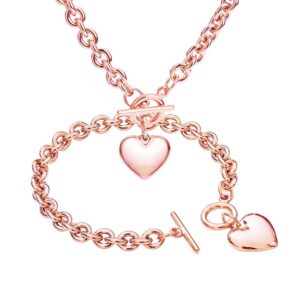 Silver 18k Gold Rose Gold Plated Charm Chunky Stainless Steel Chain Heart Toggle Choker Bracelet Necklace Set for Womens Fashion Valentine Jewelry Set