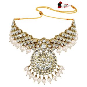 Aheli Indian Wedding Kundan Beaded Heavy Bridal Long Choker Necklace Earrings with Maang Tikka Traditional Jewellery Set for Women (White)