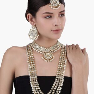 Aheli Indian Wedding Kundan Beaded Heavy Bridal Long Choker Necklace Earrings with Maang Tikka Traditional Jewellery Set for Women (White)