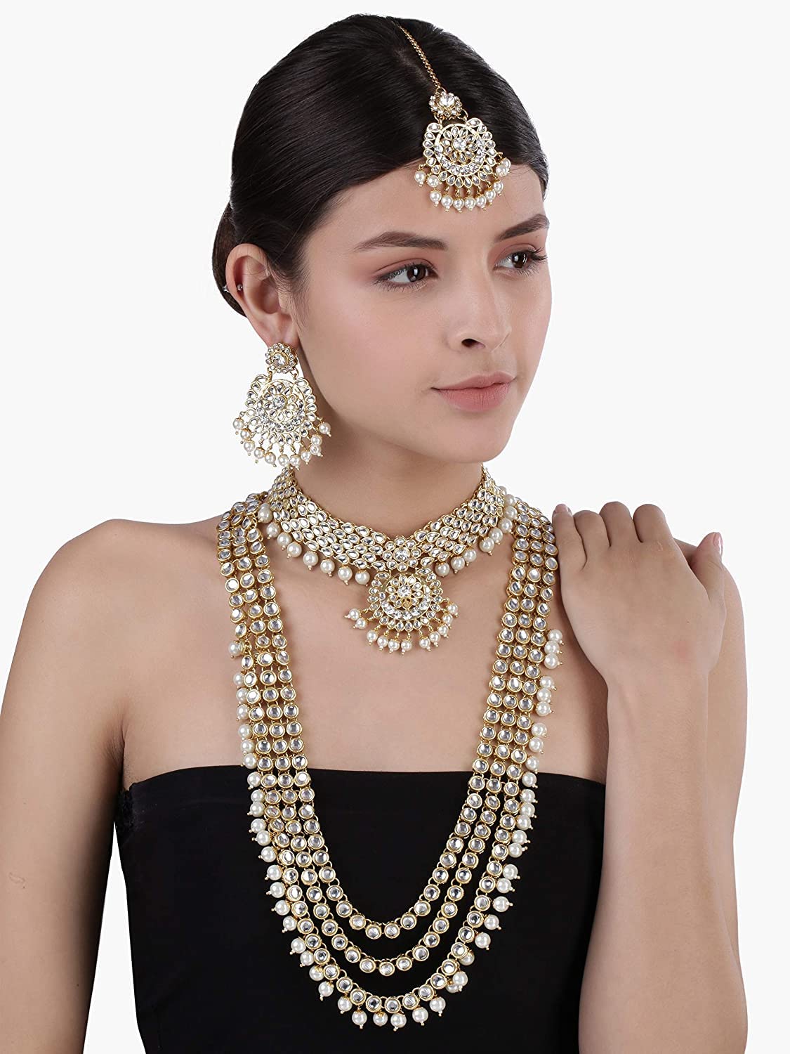 Aheli Indian Wedding Kundan Beaded Heavy Bridal Long Choker Necklace Earrings with Maang Tikka Traditional Jewellery Set for Women (White)