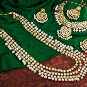 Aheli Indian Wedding Kundan Beaded Heavy Bridal Long Choker Necklace Earrings with Maang Tikka Traditional Jewellery Set for Women (White)