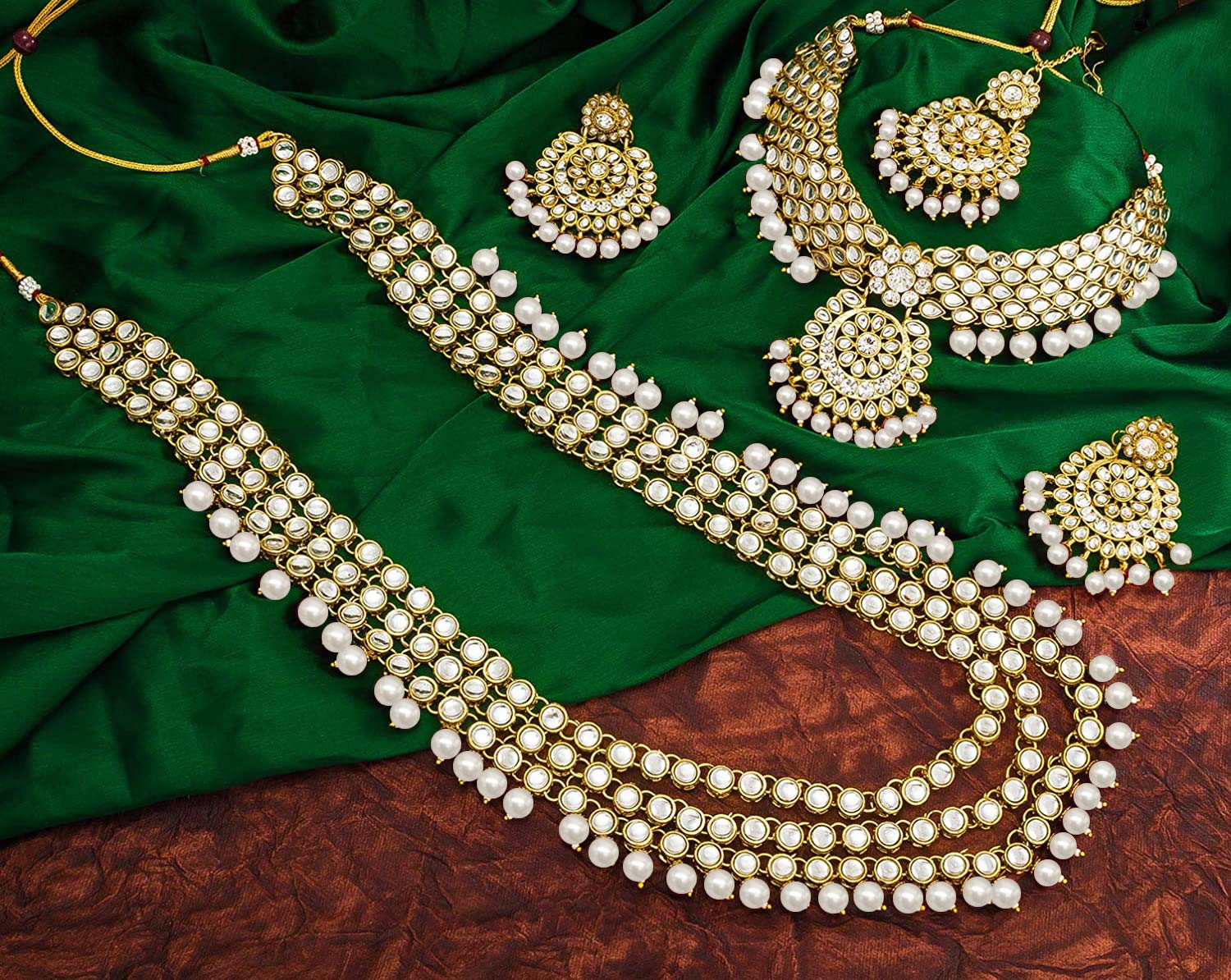 Aheli Indian Wedding Kundan Beaded Heavy Bridal Long Choker Necklace Earrings with Maang Tikka Traditional Jewellery Set for Women (White)