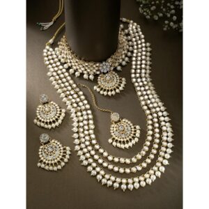 Aheli Indian Wedding Kundan Beaded Heavy Bridal Long Choker Necklace Earrings with Maang Tikka Traditional Jewellery Set for Women (White)