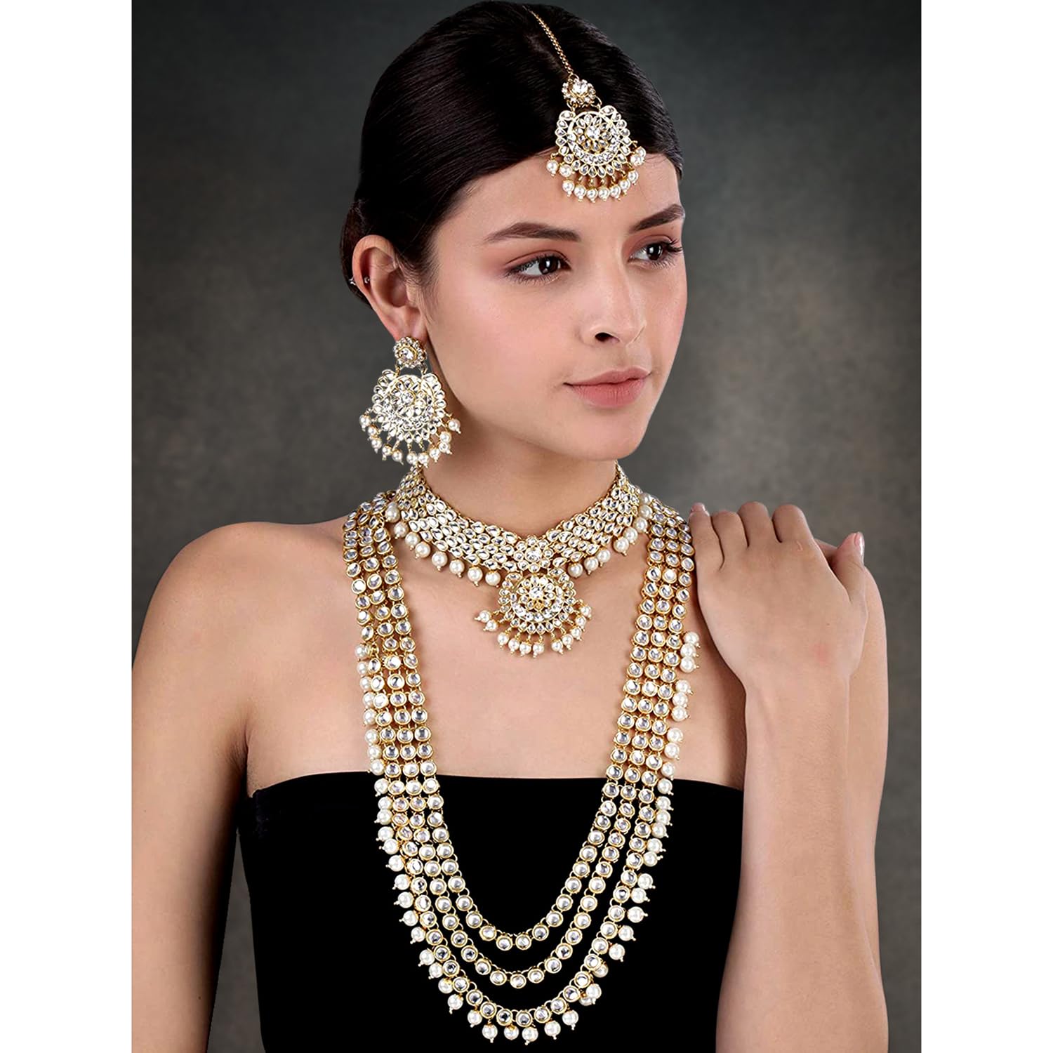 Aheli Indian Wedding Kundan Beaded Heavy Bridal Long Choker Necklace Earrings with Maang Tikka Traditional Jewellery Set for Women (White)