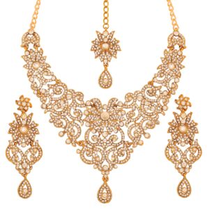 touchstone indian jewelry sets for women bollywood gold wedding bridal necklace desi earrings formal fancy rhinestone india designer jewellery punjabi white kundan tikka set in antique gold tone.