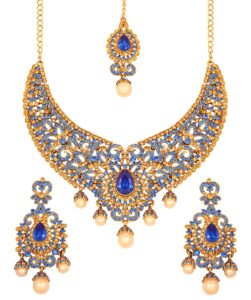 touchstone indian jewelry bollywood for women statement necklace sets wedding blue royal bridal ornaments big large matha tikka statement rajasthani mangtika traditional quality in antique gold tone.