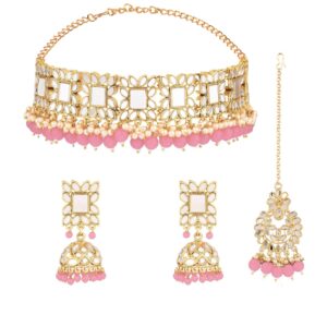 efulgenz indian jewellery set crystal choker necklace jhumka earrings maang tikka head chain bollywood wedding bridal jewellery for women, pink