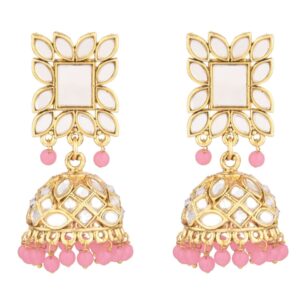 Efulgenz Indian Jewellery Set Crystal Choker Necklace Jhumka Earrings Maang Tikka Head Chain Bollywood Wedding Bridal Jewellery for Women, Pink