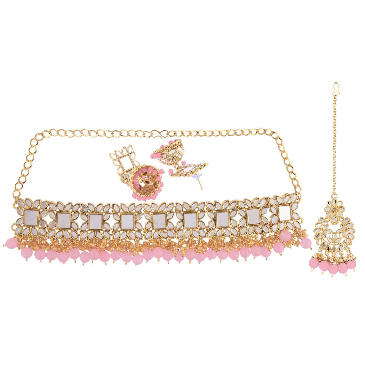 Efulgenz Indian Jewellery Set Crystal Choker Necklace Jhumka Earrings Maang Tikka Head Chain Bollywood Wedding Bridal Jewellery for Women, Pink