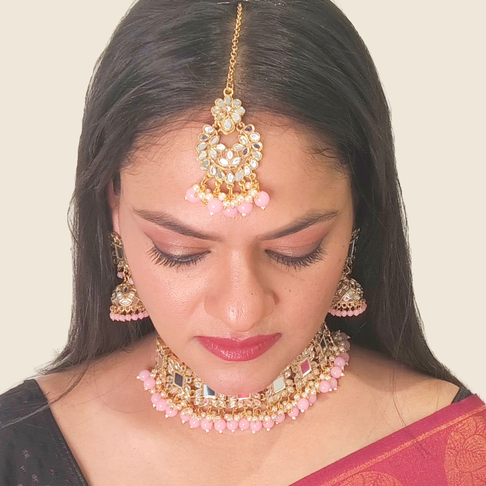 Efulgenz Indian Jewellery Set Crystal Choker Necklace Jhumka Earrings Maang Tikka Head Chain Bollywood Wedding Bridal Jewellery for Women, Pink