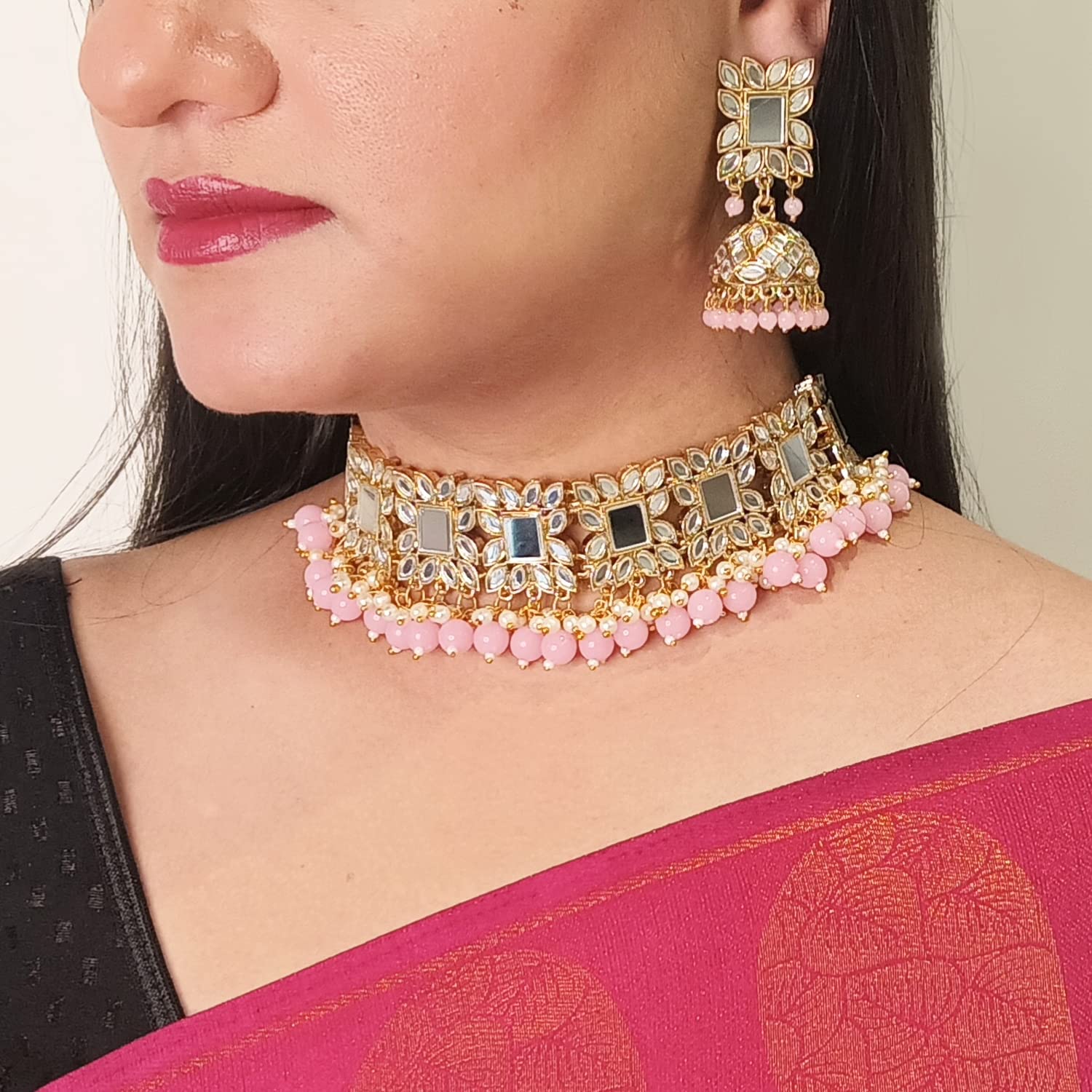 Efulgenz Indian Jewellery Set Crystal Choker Necklace Jhumka Earrings Maang Tikka Head Chain Bollywood Wedding Bridal Jewellery for Women, Pink