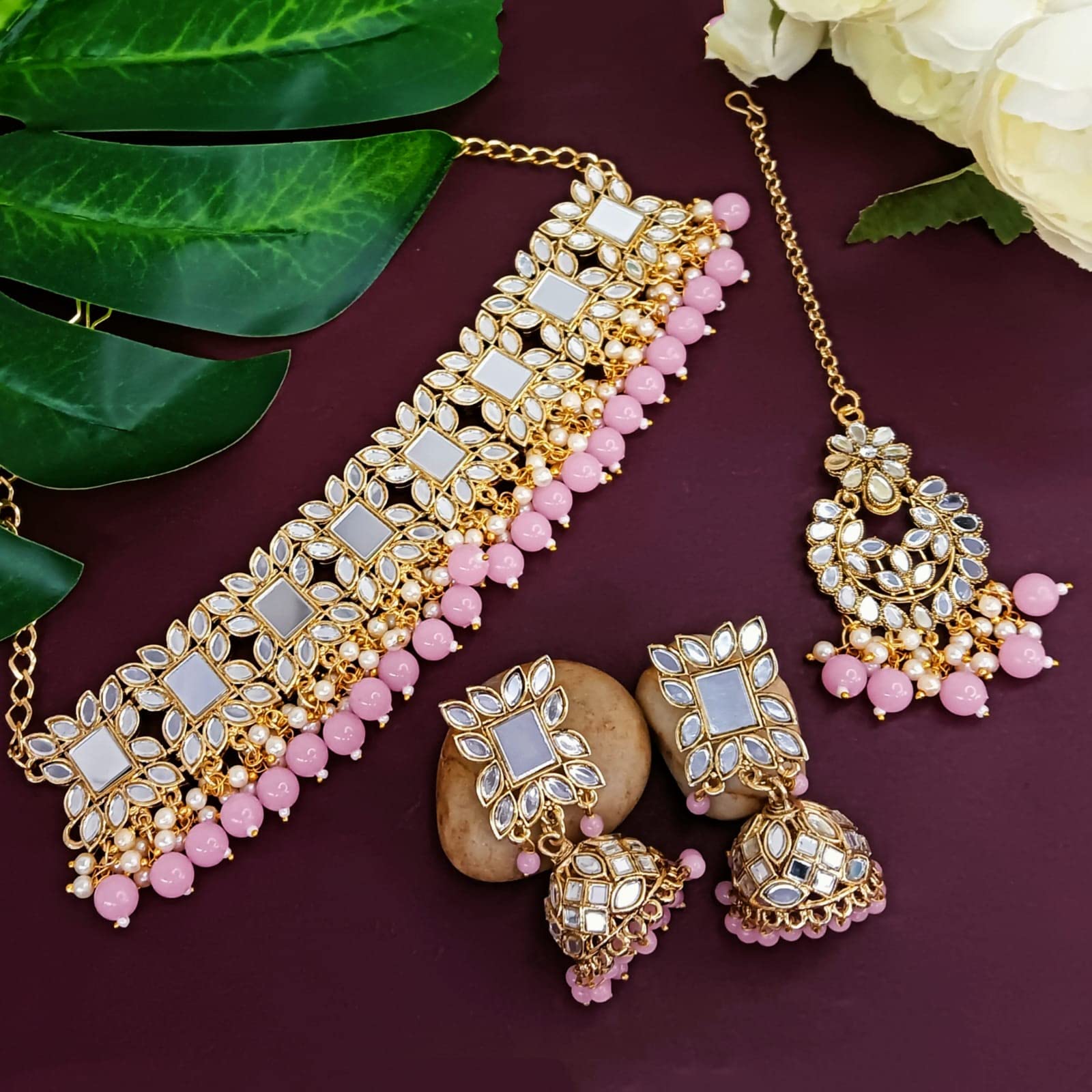 Efulgenz Indian Jewellery Set Crystal Choker Necklace Jhumka Earrings Maang Tikka Head Chain Bollywood Wedding Bridal Jewellery for Women, Pink