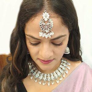 Efulgenz Choker Necklace Earrings and Maangtikka Set Indian Oxidized Jewelry Antique Boho Faux Kundan Pearl Crystal Stone Necklace Manngtikka with Dangle Round Earrings Bohemian Jewelry Set for Women