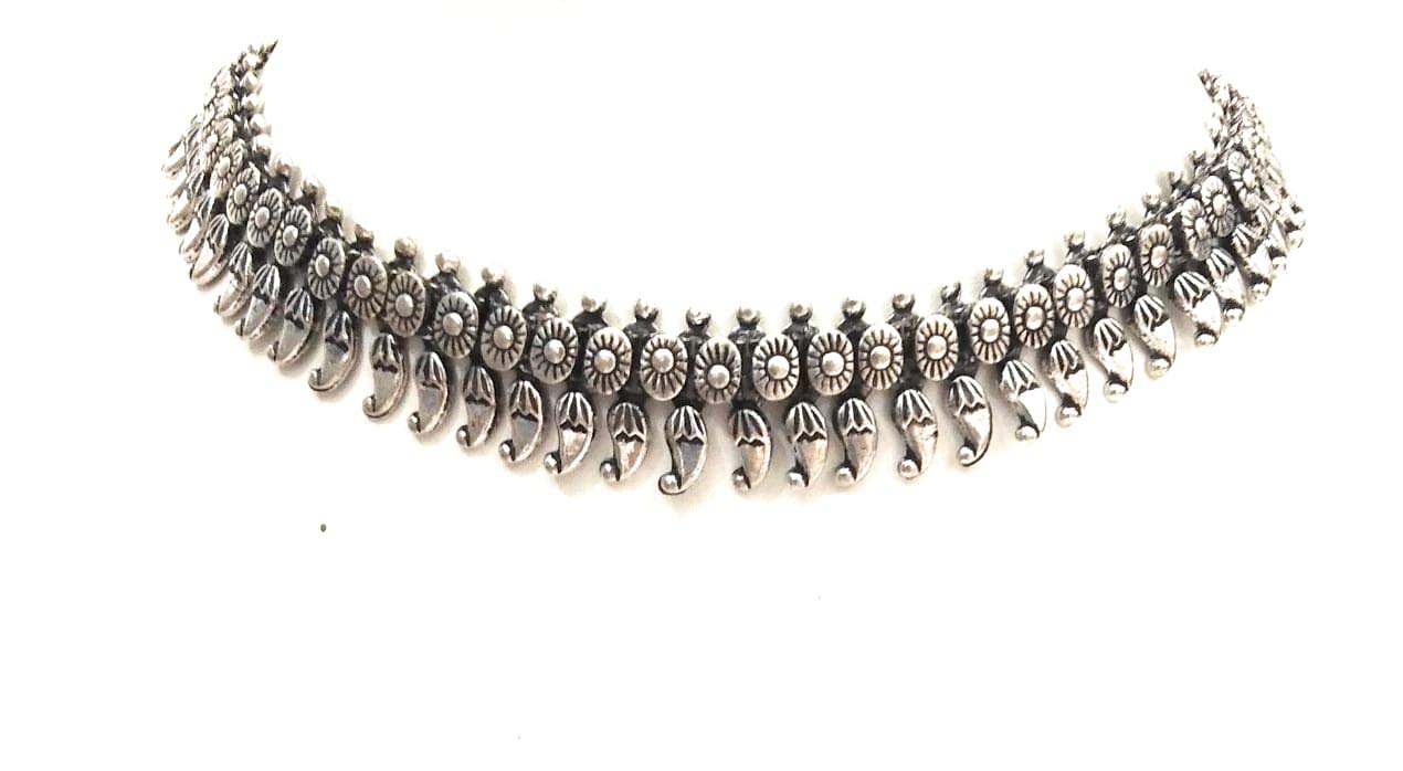 athizay Necklace oxidised silver choker for women fashion traditional Indian jewelry tribal inspired antique silver Choker Metal jewellery (Tooth Bead with Drawstring)