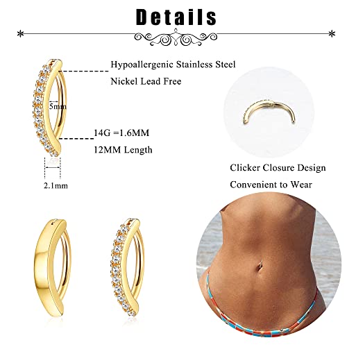 FIASASO 2Pcs 14G Simple Clicker Gold Belly Button Ring for Women Surgical Steel Gold CZ Belly Ring Simple Reverse Navel Rings Body Jewelry Color: gold 10mm