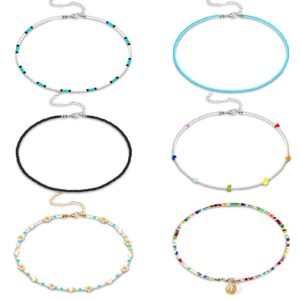 hicarer 6 pieces women bohemian necklaces seed bead necklaces glass beaded choker jewelry for women and girls (fresh style)