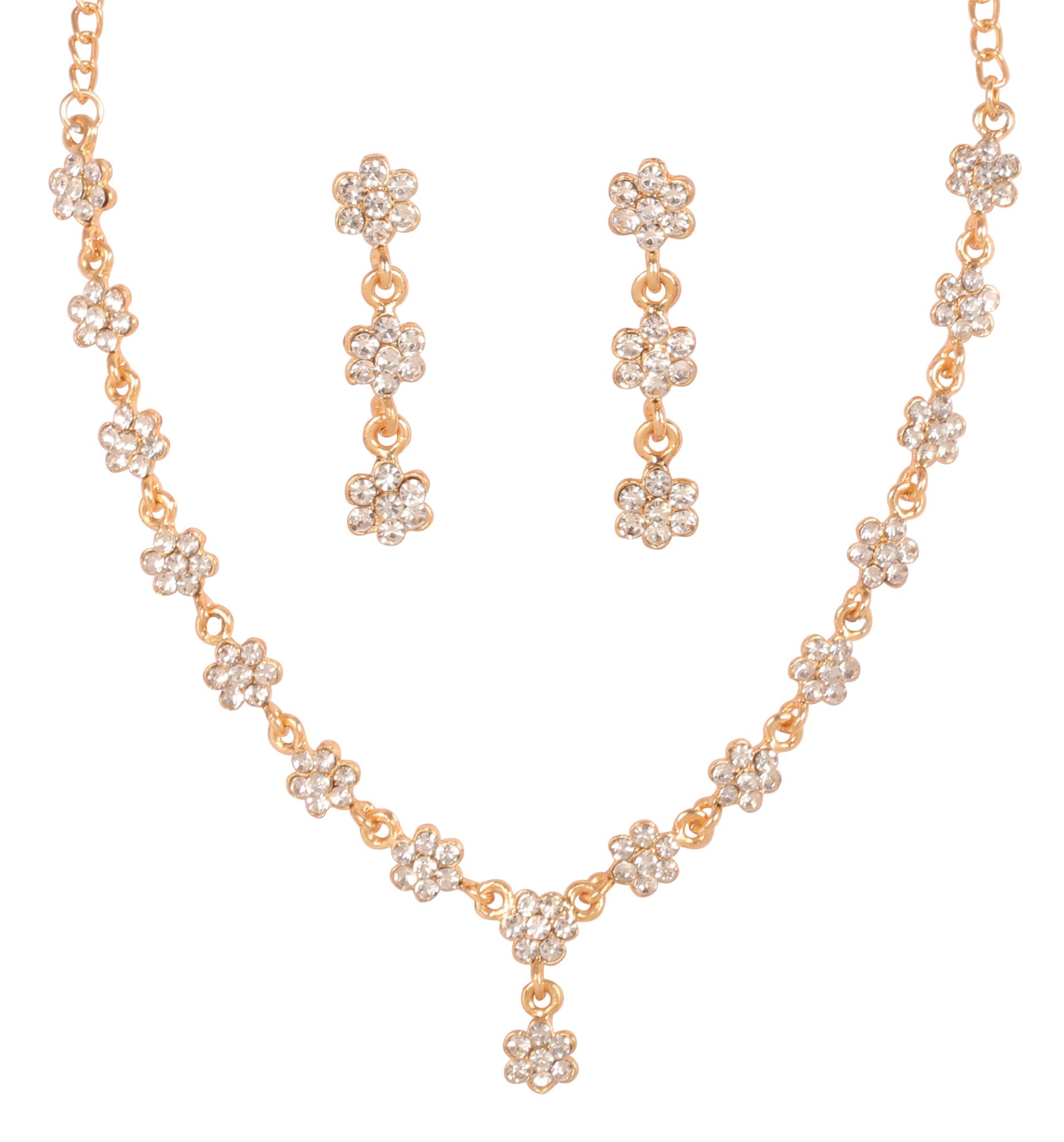 Sunsoul By Touchstone Indian Bollywood Handcrafted Traditional Floral Pattern White Rhinestone Designer Jewelry Necklace Set In Gold Tone For Women.