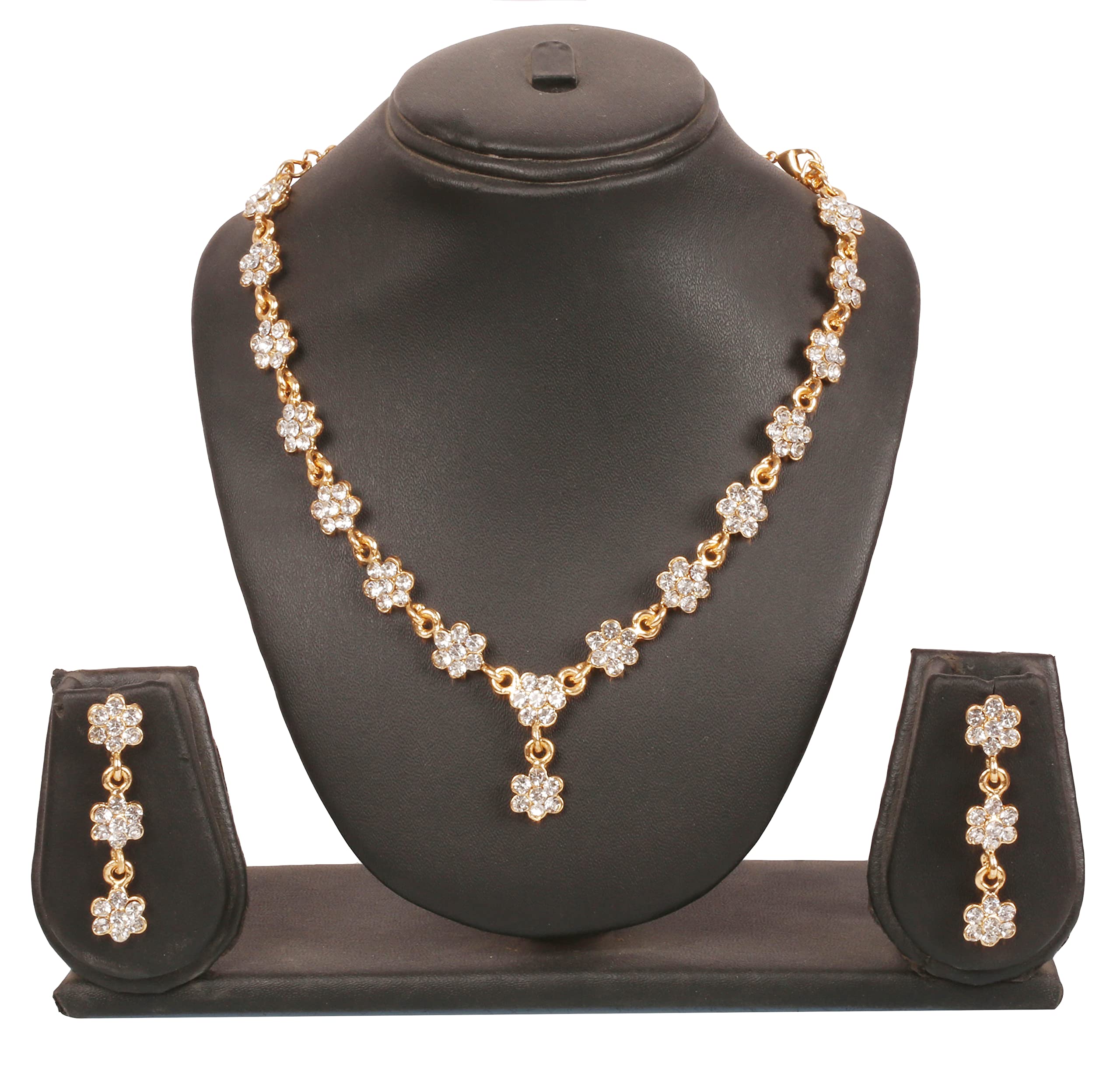 Sunsoul By Touchstone Indian Bollywood Handcrafted Traditional Floral Pattern White Rhinestone Designer Jewelry Necklace Set In Gold Tone For Women.