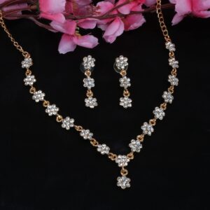 Sunsoul By Touchstone Indian Bollywood Handcrafted Traditional Floral Pattern White Rhinestone Designer Jewelry Necklace Set In Gold Tone For Women.