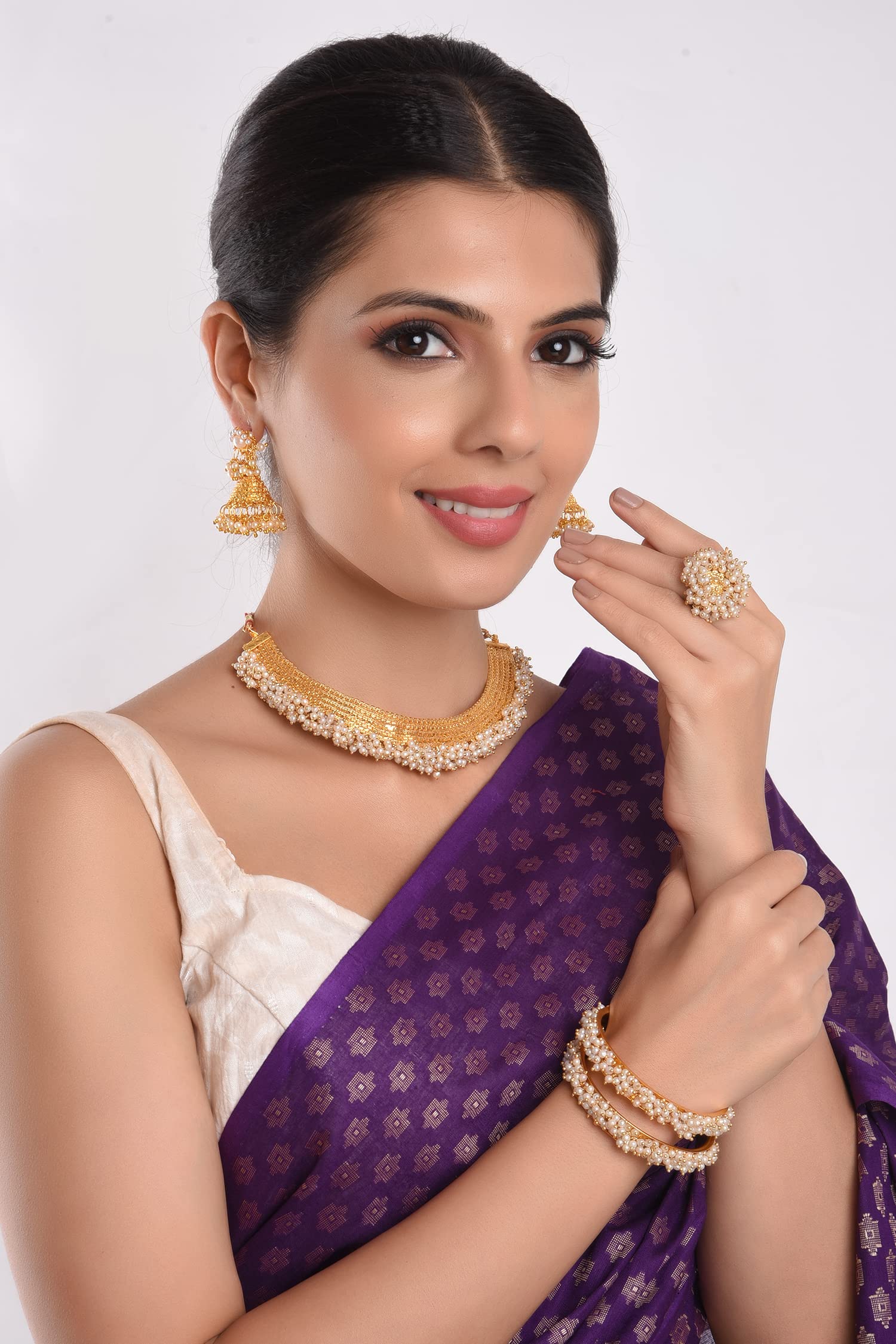 Efulgenz Indian Jewelry Sets for Women Gold Tone Pearl Choker Necklace Indian Bollywood Faux Pearl Beads Bridal Choker Necklace Earrings Bracelet Bangles Ring Jewelry Set