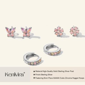 Kenivira Silver Stud Earrings Set for Women,3 Pairs Hoop Stud Cartilage Hypoallergenic Dainty Earrings,Small Cartilage Trendy CZ Earring Jewellery