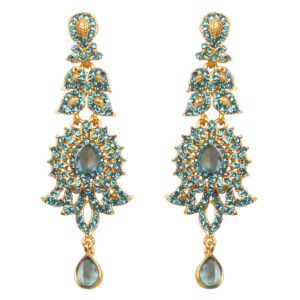 touchstone hollywood glamour oscar collection extra long chandelier earrings, indian paisley motif filigree turquoise blue rhinestones, designer bridal jewelry, antique gold tone