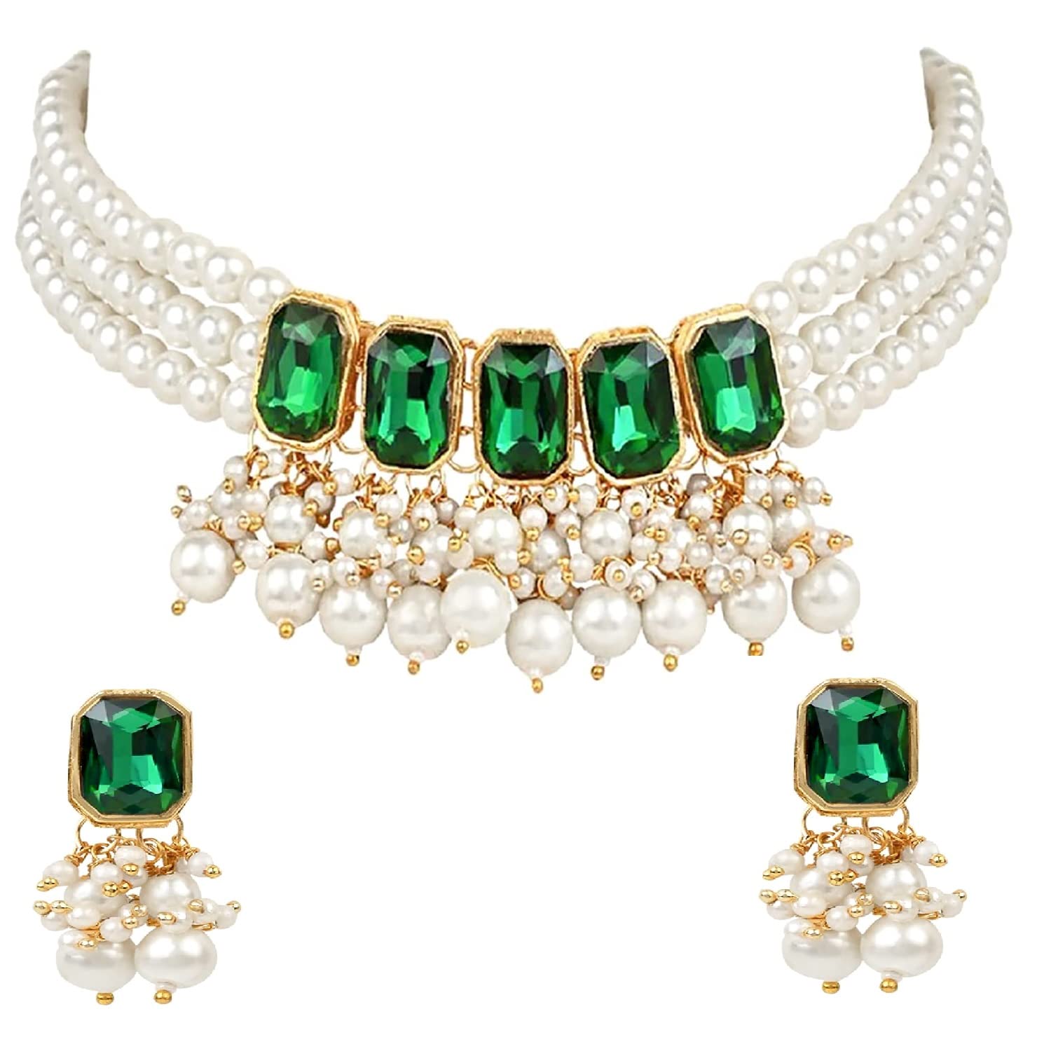 I Jewels Gold Plated Indian Wedding Bollywood Stone studed Pearl Choker Necklace Jewellery Set with Earrings for Women (IJ355G)