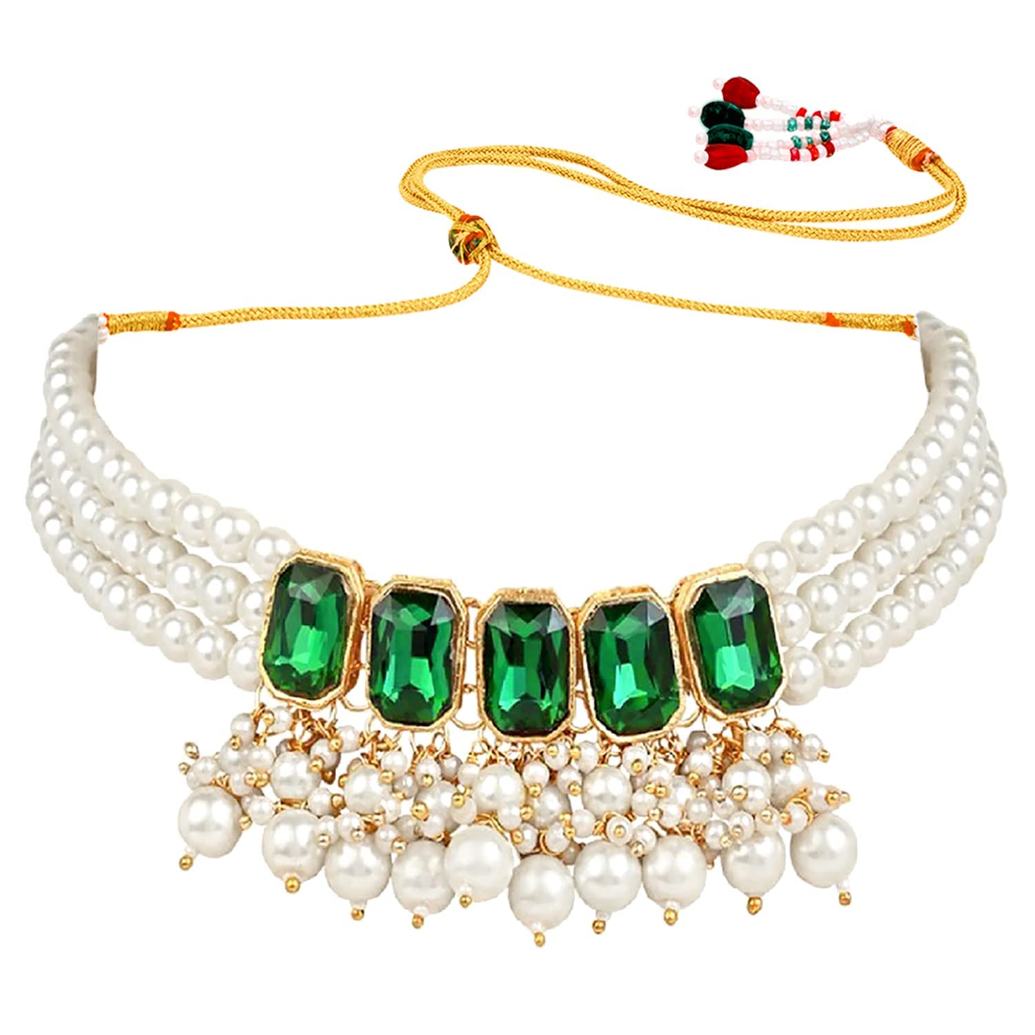 I Jewels Gold Plated Indian Wedding Bollywood Stone studed Pearl Choker Necklace Jewellery Set with Earrings for Women (IJ355G)