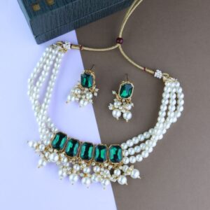 I Jewels Gold Plated Indian Wedding Bollywood Stone studed Pearl Choker Necklace Jewellery Set with Earrings for Women (IJ355G)