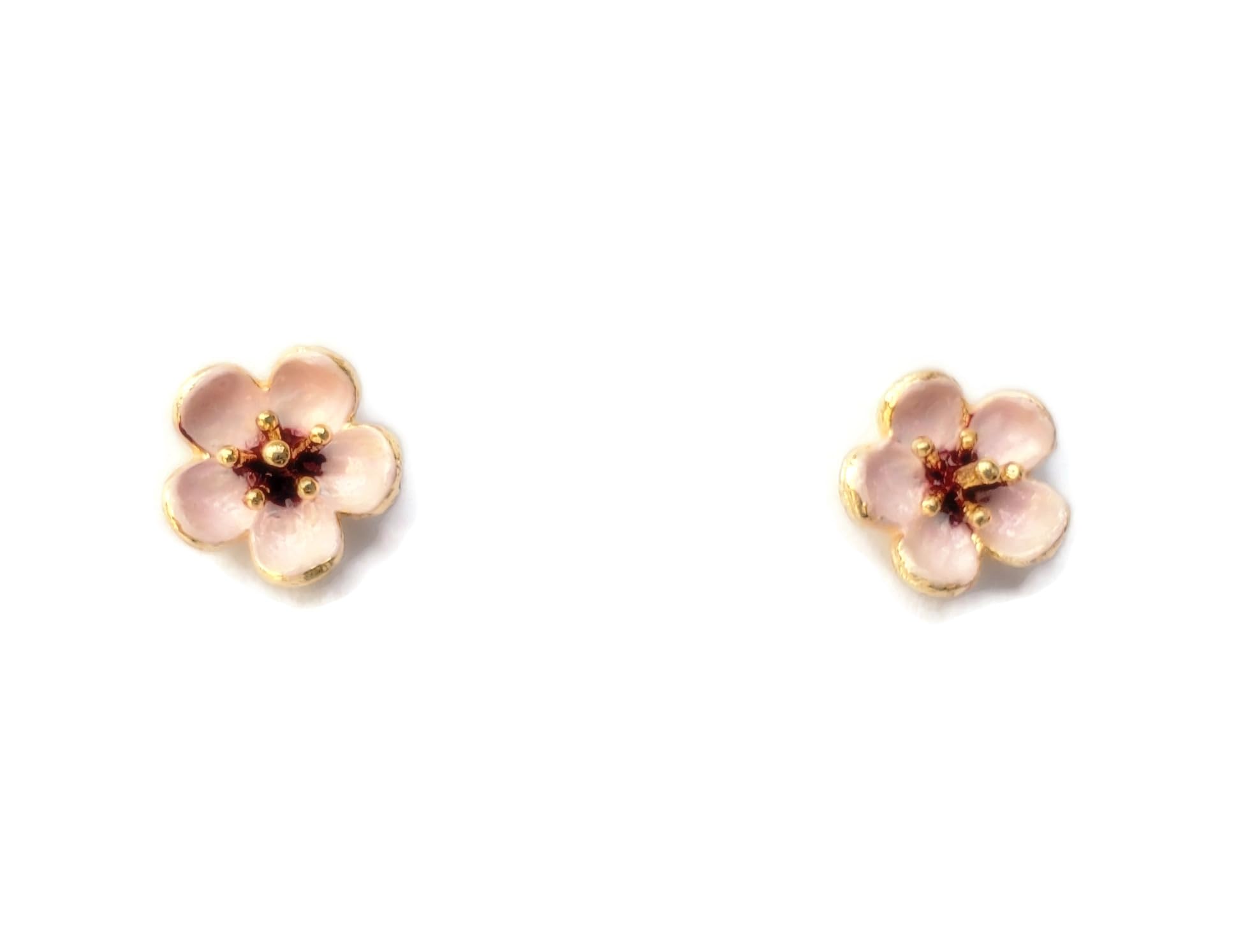 Cherry Blossom Flower Art Jewelry - Tiny Hand Painted Pink Studs - Quality Handmade Gift - Very Small Pretty Flowers on Post Earrings