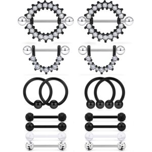 cisyozi 14g nipple rings piercing jewelry stainless surgical steel black nipplerings nipple tongue rings hoop cz barbell bar body piercings jewelry for women men 14mm horseshoes captive bead rings