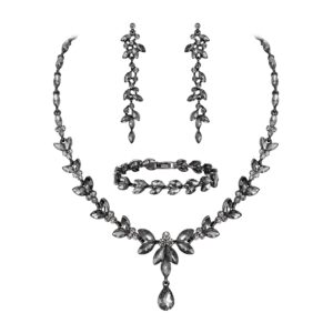 ever faith austrian crystal party jewelry sets, costume marquise rhinestone leaf necklace dangle earrings tennis bracelet set grey black-tone