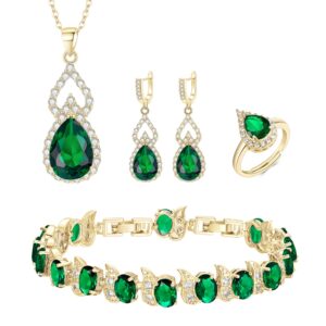 mayfox bridal cubic zirconia open ring bracelet necklace dangle earrings set, waterdrop oval white gold plated jewelry gifts for women green_gold tone