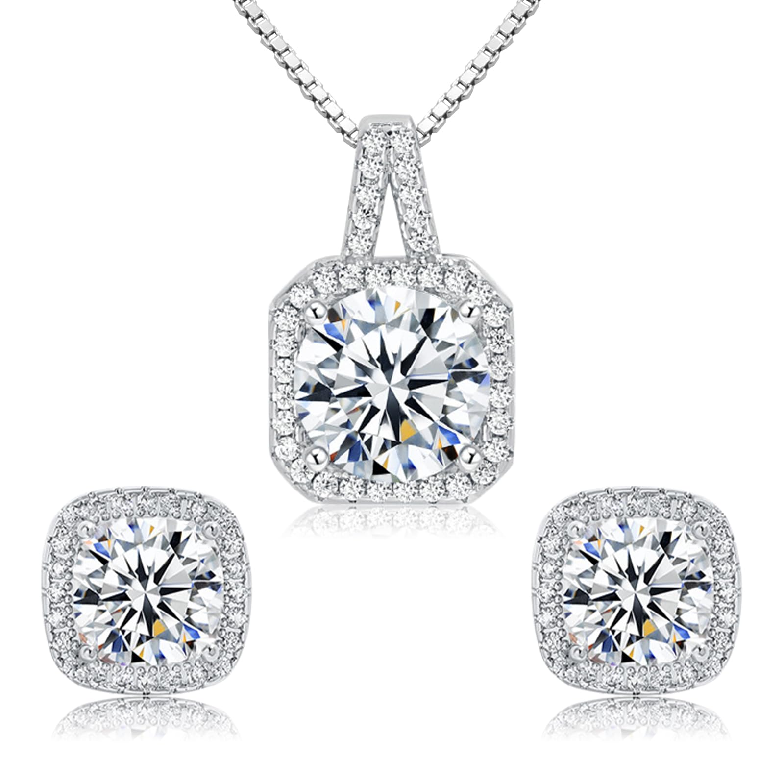 Cubic Zirconia Earrings and Necklace Set for Women 14K White Gold Plated Square Jewelry Set for Women Silver Pendant Necklace Hypoallergenic Stud Earrings Set for Girls Jewellery Gift